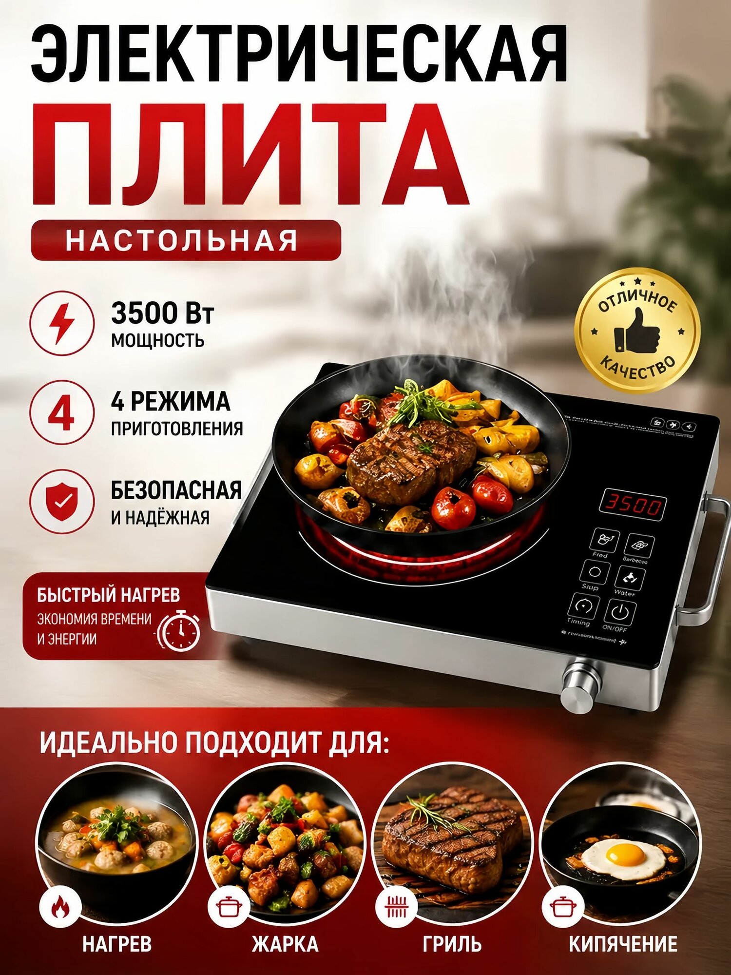 Плитка электрическая настольная, 1 конфорка, инфракрасная, сенсорная 3500 Вт