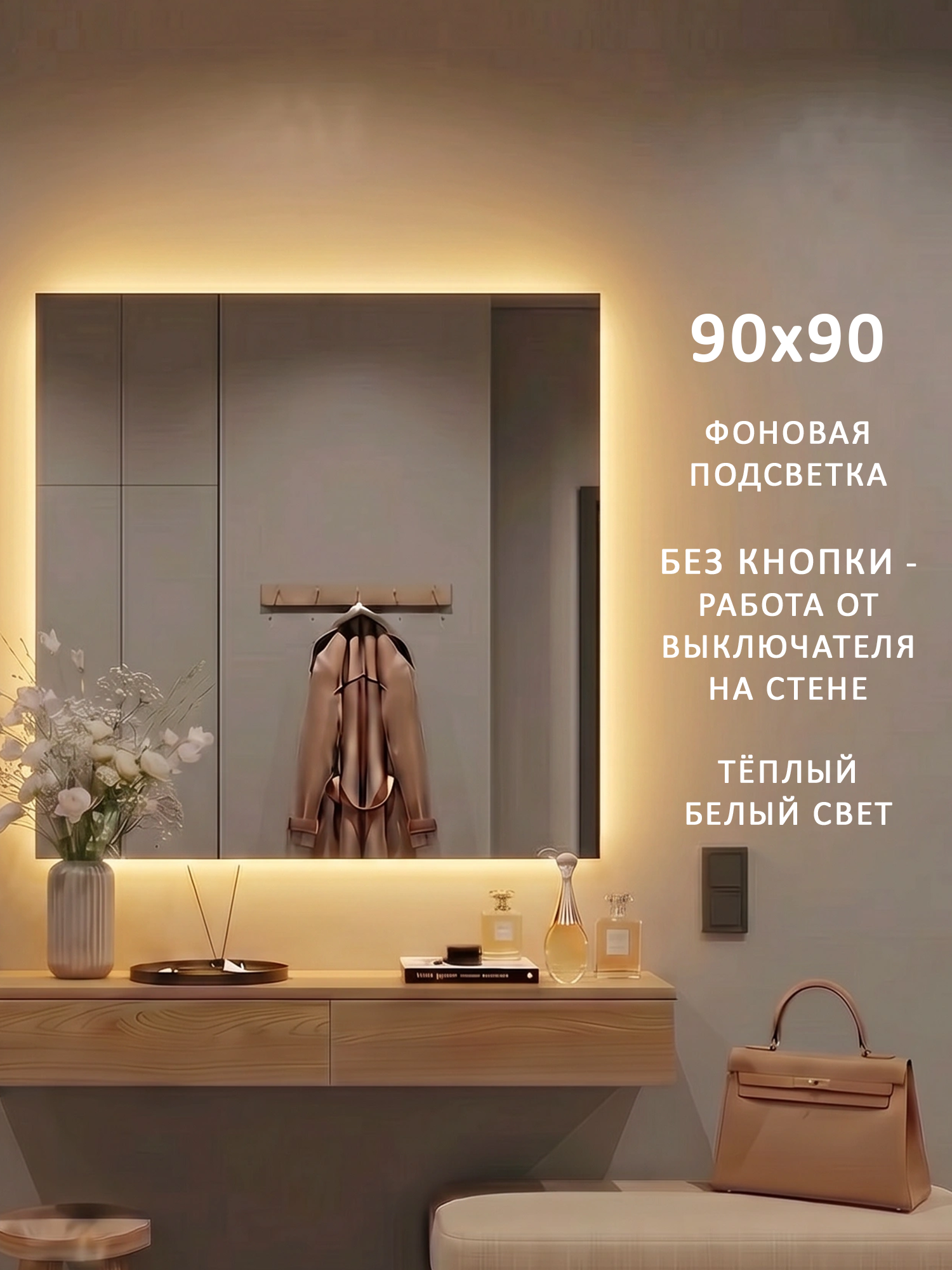 Зеркало настенное в прихожую Alias Квартал 90*90, тёплая LED-подсветка, без кнопки от выключателя
