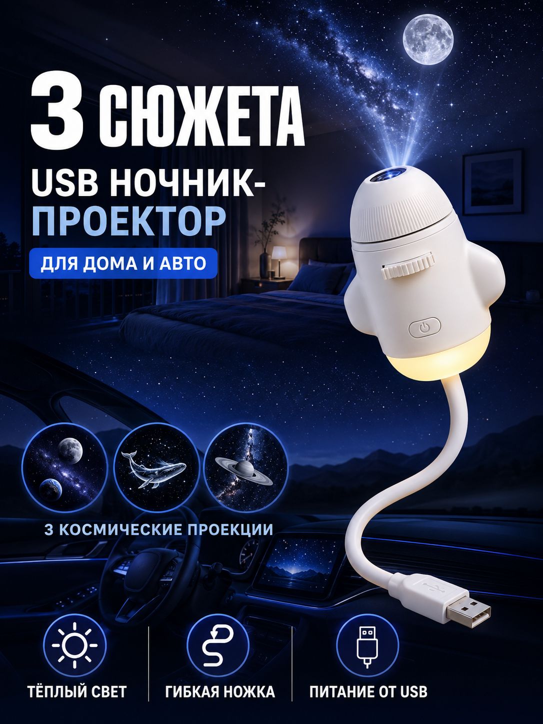Мини-проектор звездного неба с 3 слайдами