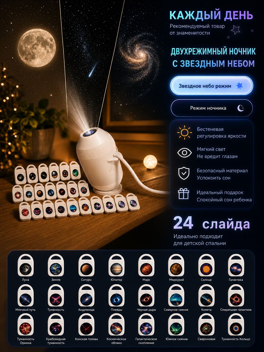 Настольная лампа ночник мини-проектор звездного неба 5 Вт белый цвет ABS пластик USB питание комплект слайдов