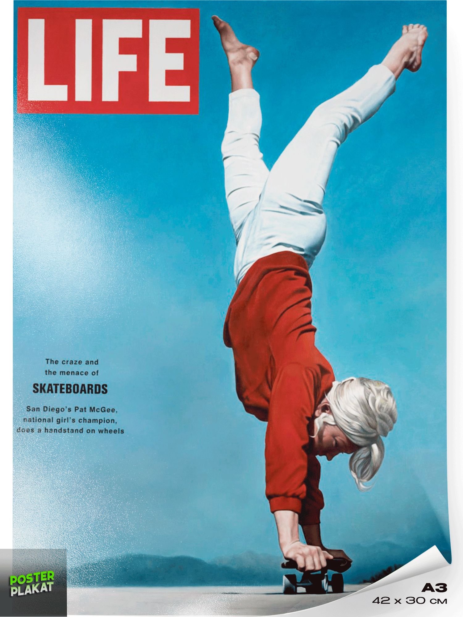Постер LIFE, Пэт Макги (Pat McGee) выполняет стойку на скейтборде, винтажный плакат на стену для интерьера, для дома и офиса, А3 (420х297 мм), ПП