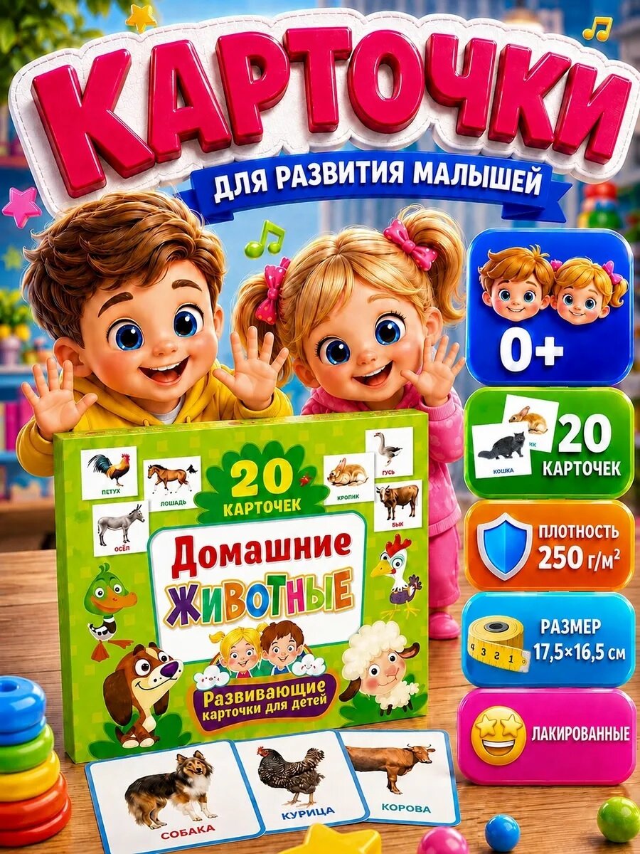 Домашние животные. Развивающие карточки для детей (20 карточек).
