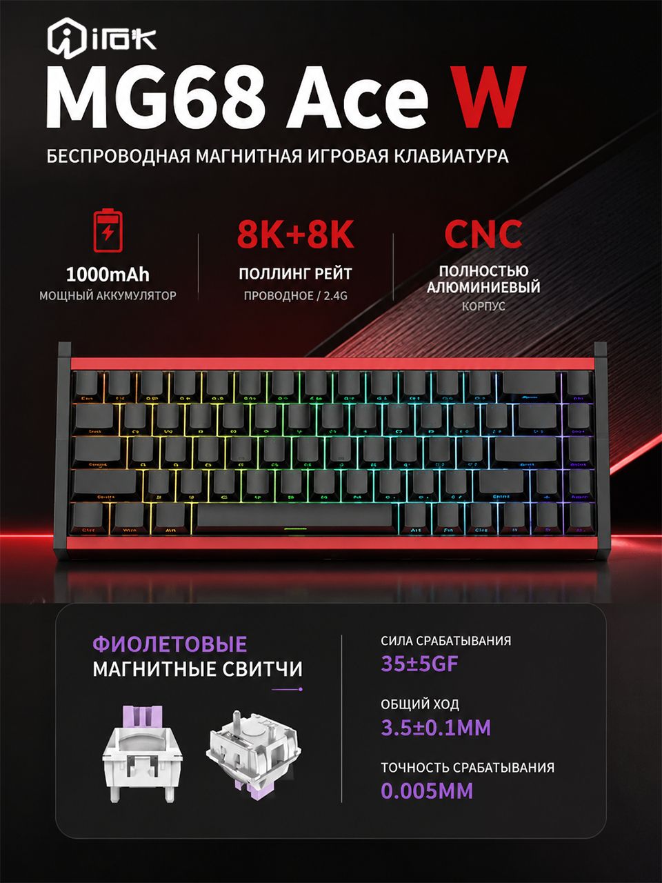 Алюминиевая магнитная клавиатура irok MG68 RGB, Mеханическая клавиатура CNC (Rapid Trigger 0.001 мм, 8000 Гц, 10000 мАч, Gasket, 68%)
