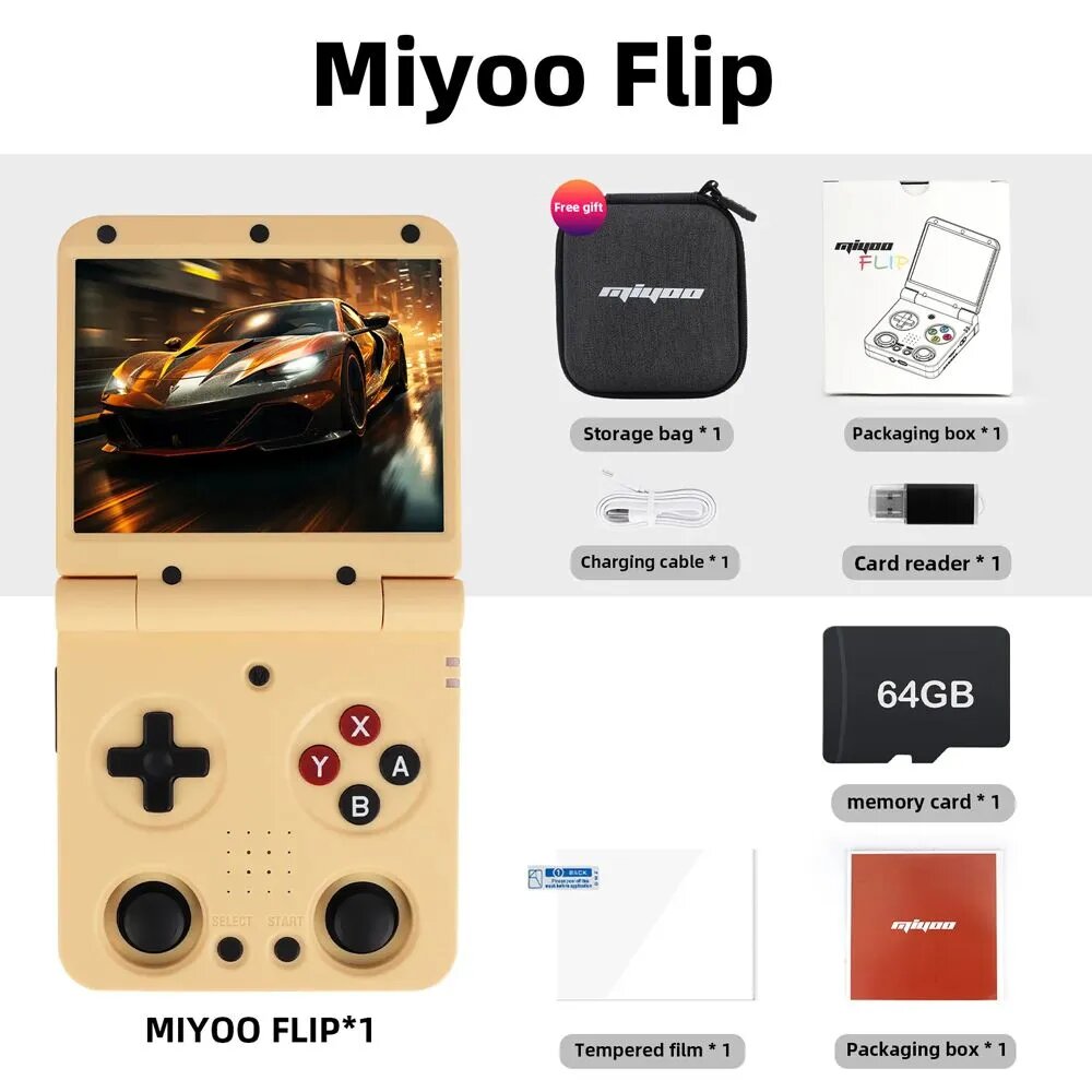 Ретро-игровая консоль Miyo flip64G с 3,5-дюймовым IPS-экраном и четырехъядерным процессором Cortex-A55 с тактовой частотой 1,8 ГГц