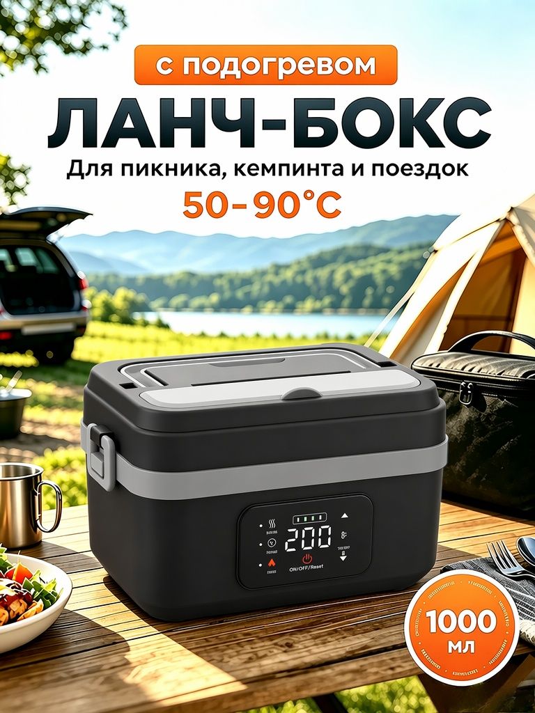 Портативный электрический ланч‑бокс 1 л, беспроводной подогрев от аккумулятора 16000 мАч, термоконтейнер для горячей еды