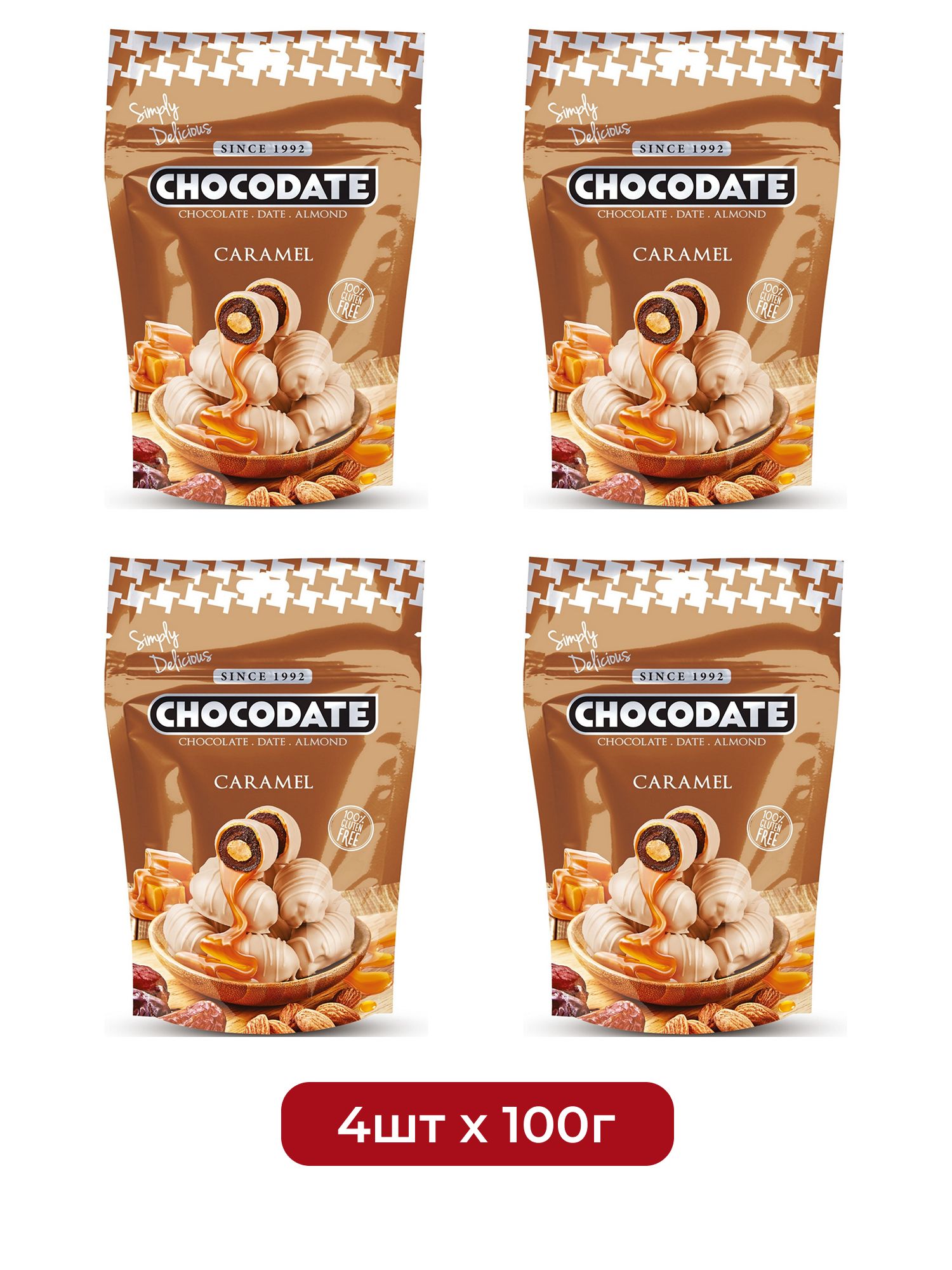 Конфеты Chocodate финики с миндалем и карамелью, 100г х 4шт.