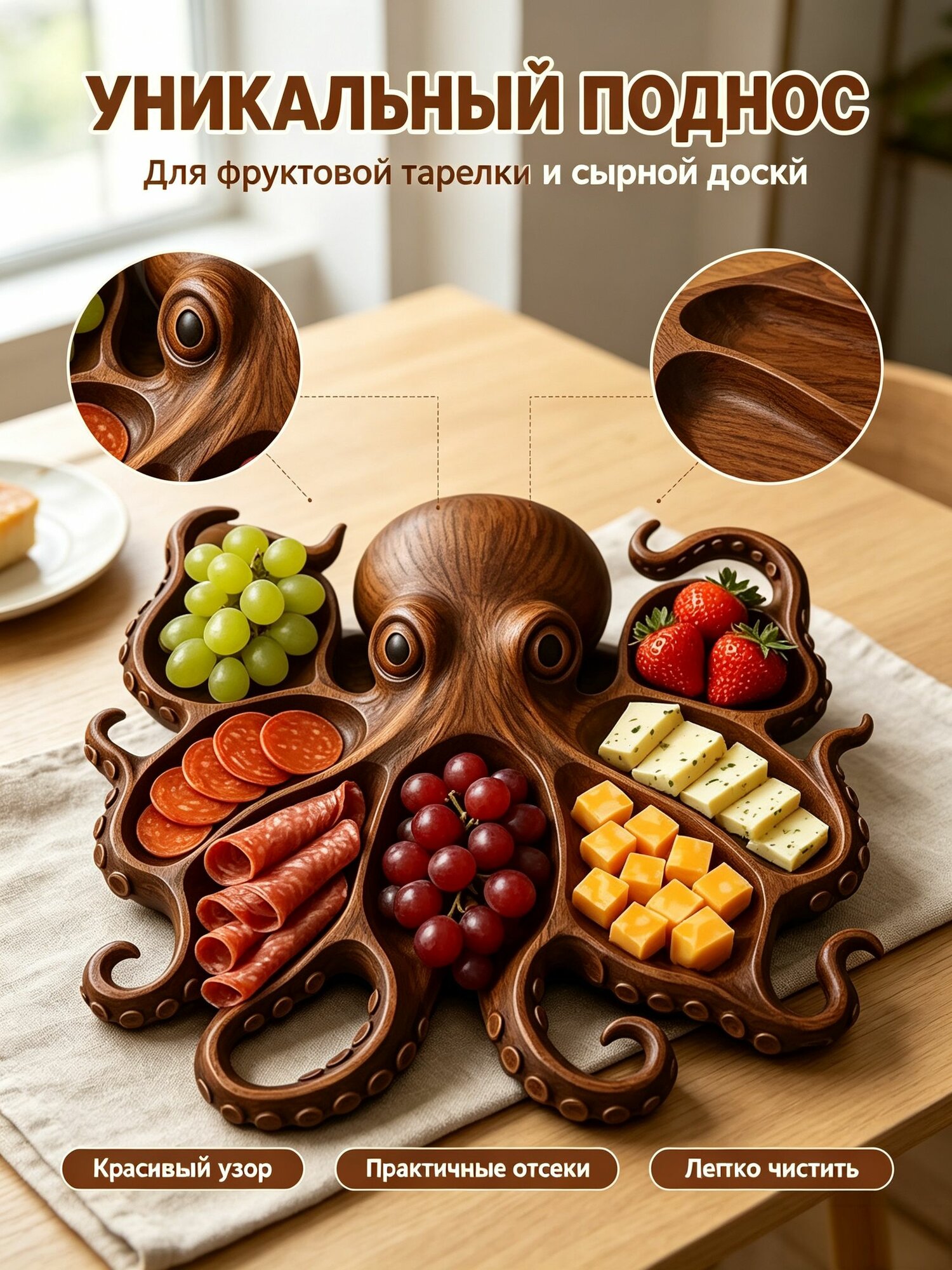 Фруктовая тарелка в форме осьминога, Древесина, кухонные принадлежности — фото 1