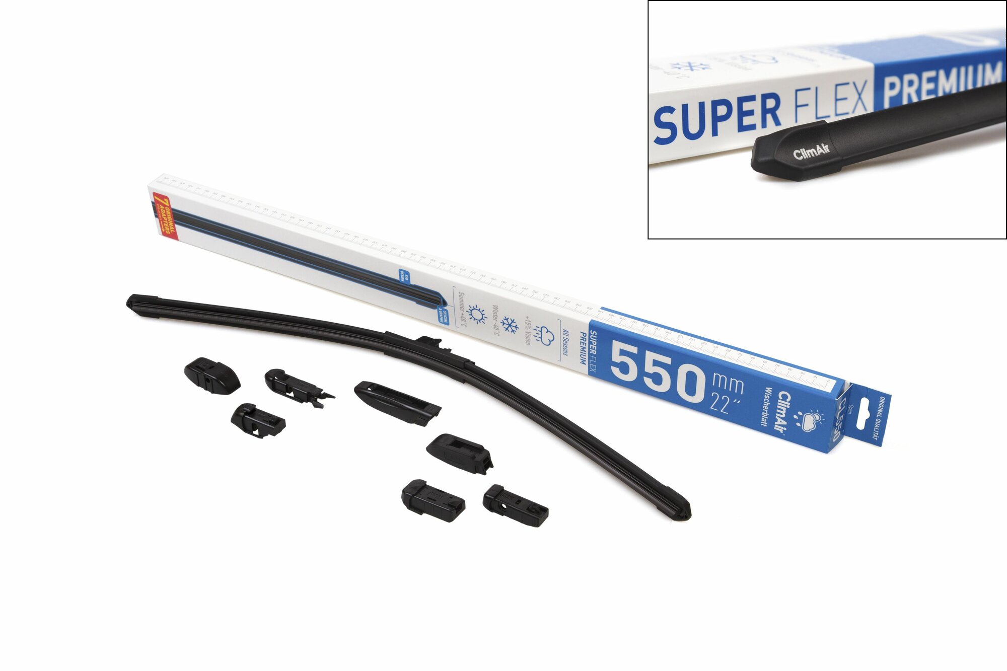 Бескаркасная щетка стеклоочистителя ClimAir SUPER FLEX PREMIUM 22" (550mm), 8 переходников (адаптеров)