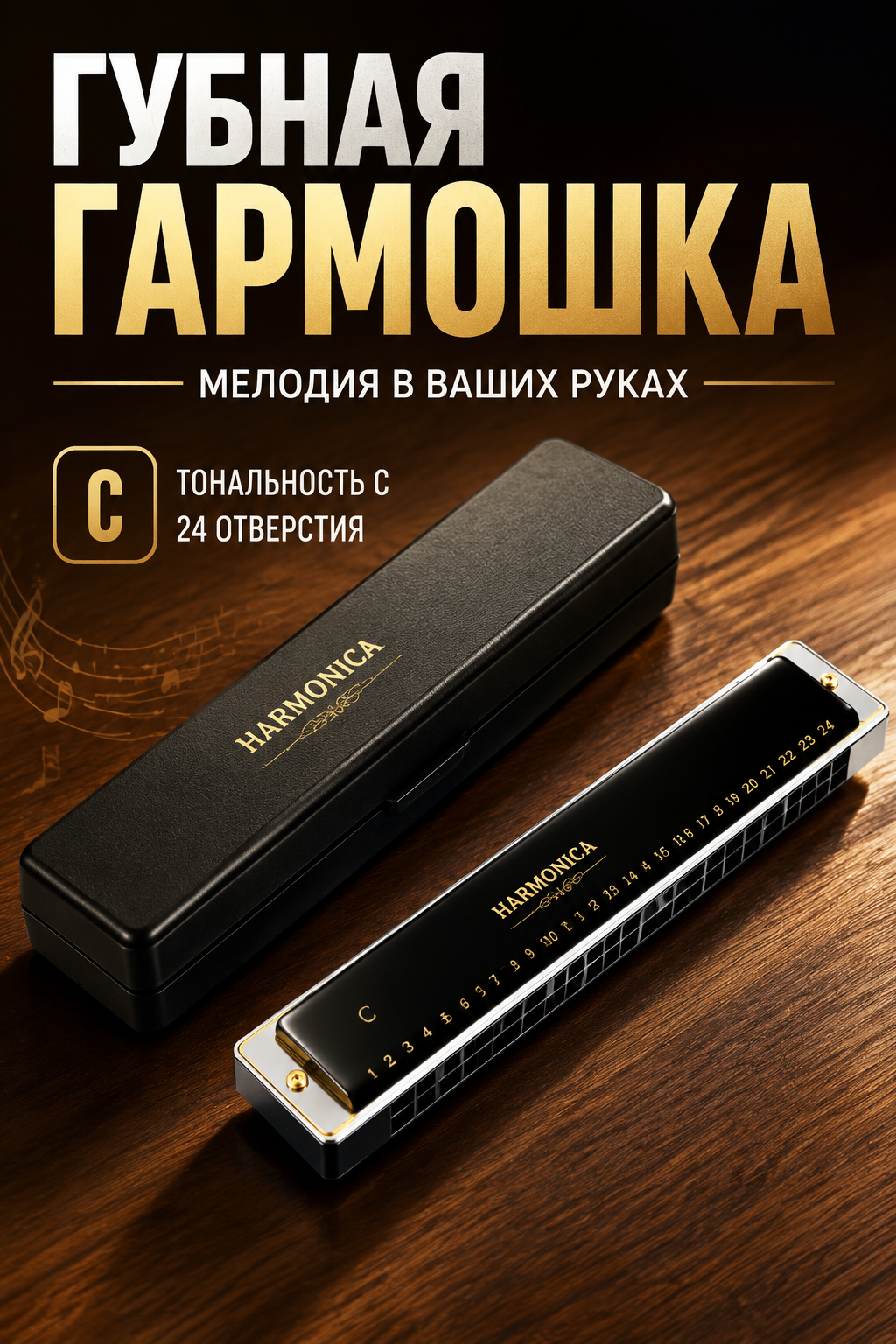 Губная гармошка C с 24 отверстиями, черный корпус, в футляре