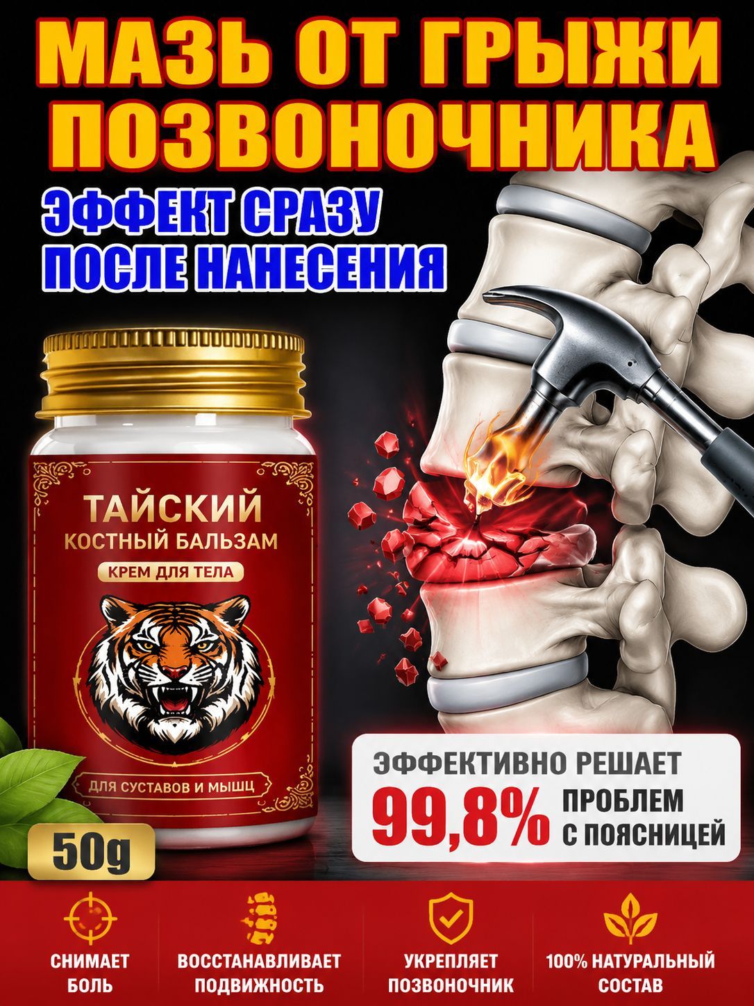 Обезболивающая мазь для спины и поясницы с хондроитином и глюкозамином, тайская натуральная, 55г, для наружного применения