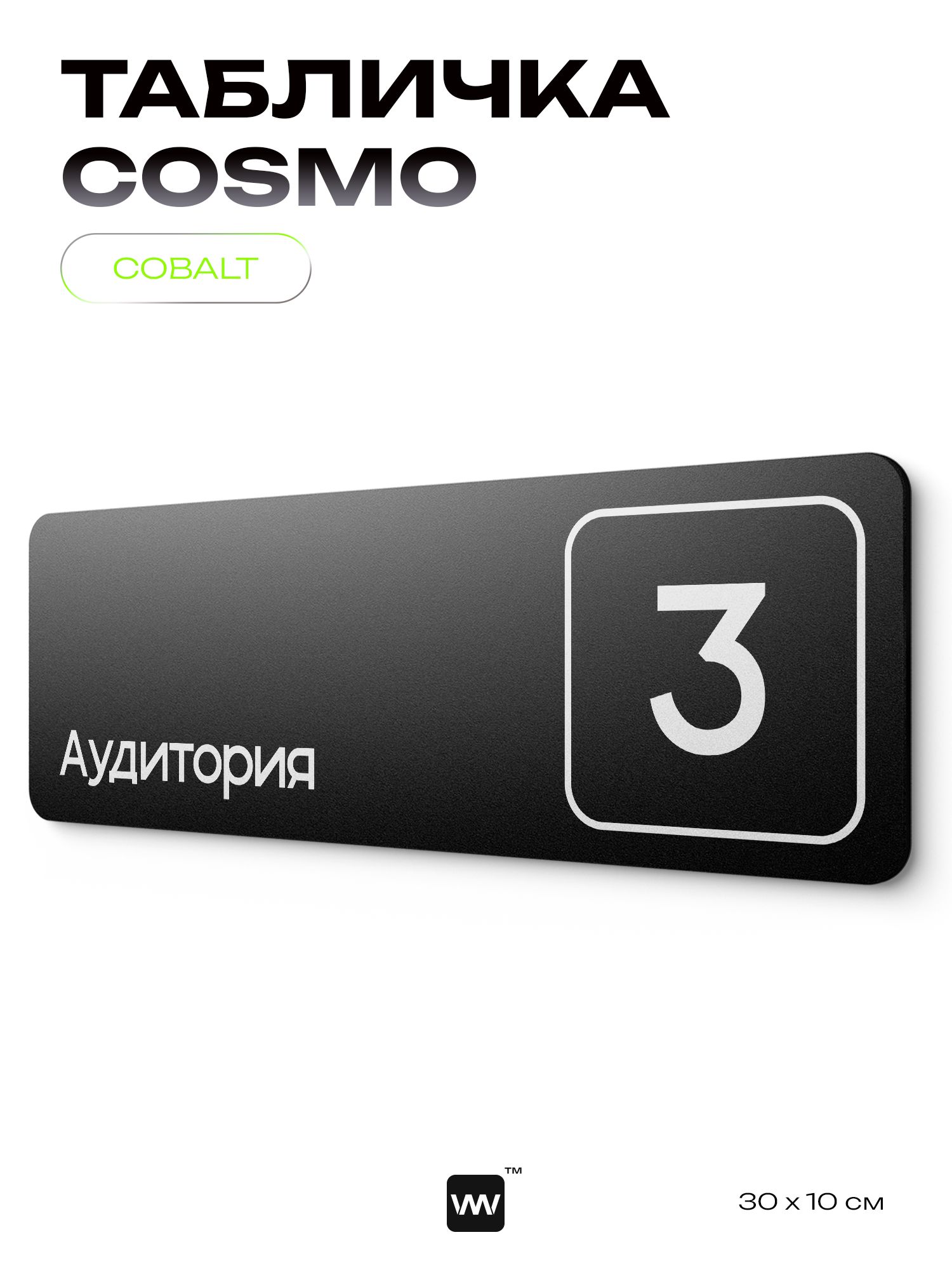 Таблички с номером аудитории "Аудитория №3", для офиса, 30 х 10 см, серия COSMO 3010, черная, Айдентика Технолоджи
