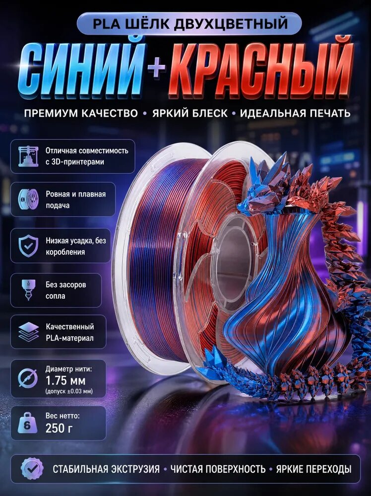 Шелковая нить для PLA3d-принтера, блестящая цветная PLA-катушка толщиной 1,75 мм, 250 грамм (0,55 фунта), Синий, красный