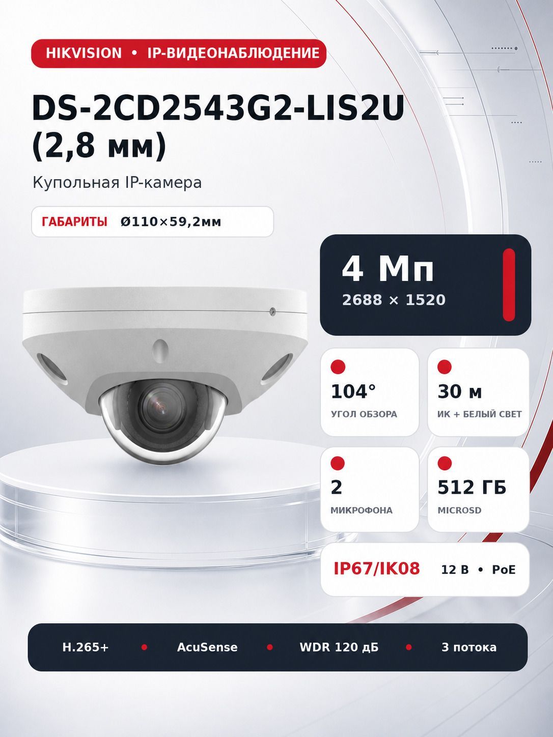 Hikvision DS-2CD2543G2-LIS2U(2.8mm) - 4 Мп уличная компактная купольная IP-камера, объектив 2,8 мм, встроенный микрофон, AcuSense, классификация людей и транспорта