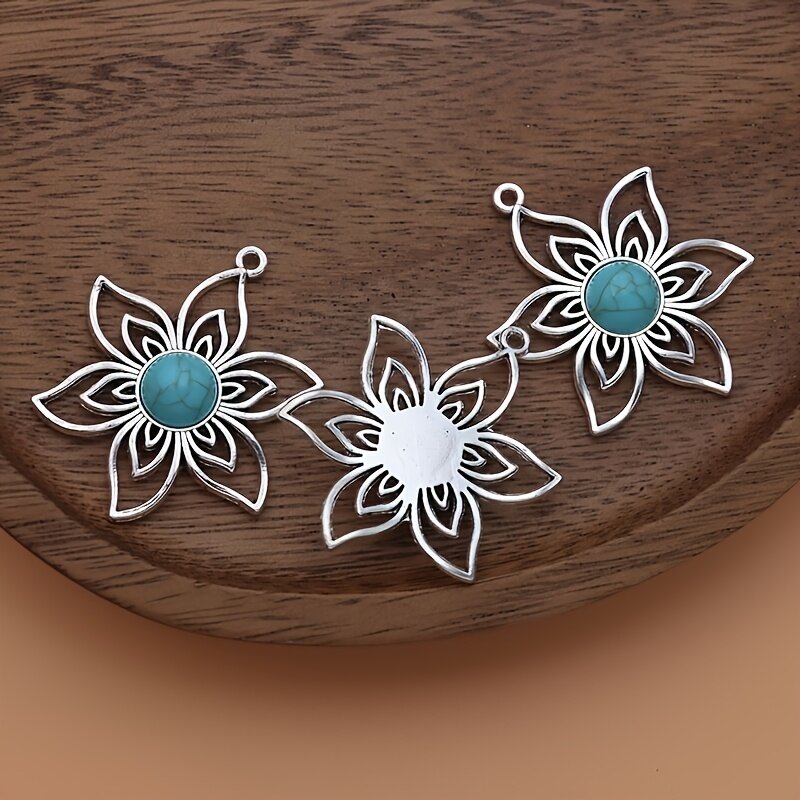 Подвеска-кулон в виде полого цветка с синими бусинами, покрытие под старое серебро, из цинкового сплава, 3 шт. для создания бижутерии