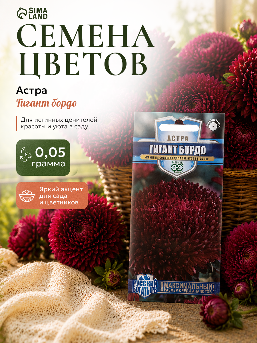 Семена цветов Астра "Гигант бордо", ц/п, однолетняя, серия Русский богатырь, 0,05 г