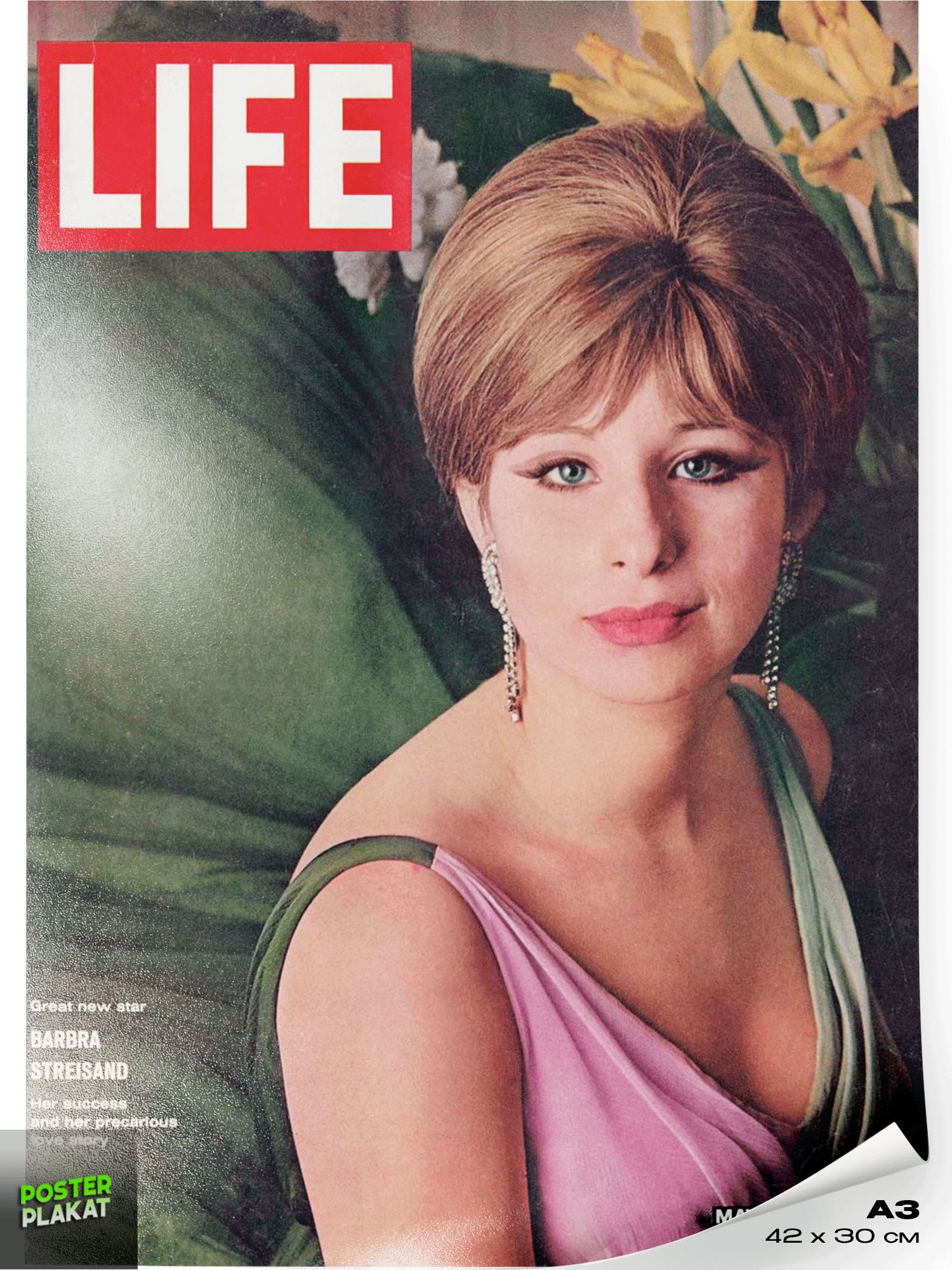 Постер LIFE, Барбра Стрейзанд (Barbra Streisand), цветной портрет актрисы и певицы, винтажный плакат на стену для интерьера, для дома и офиса, А3 (420х297 мм), ПП