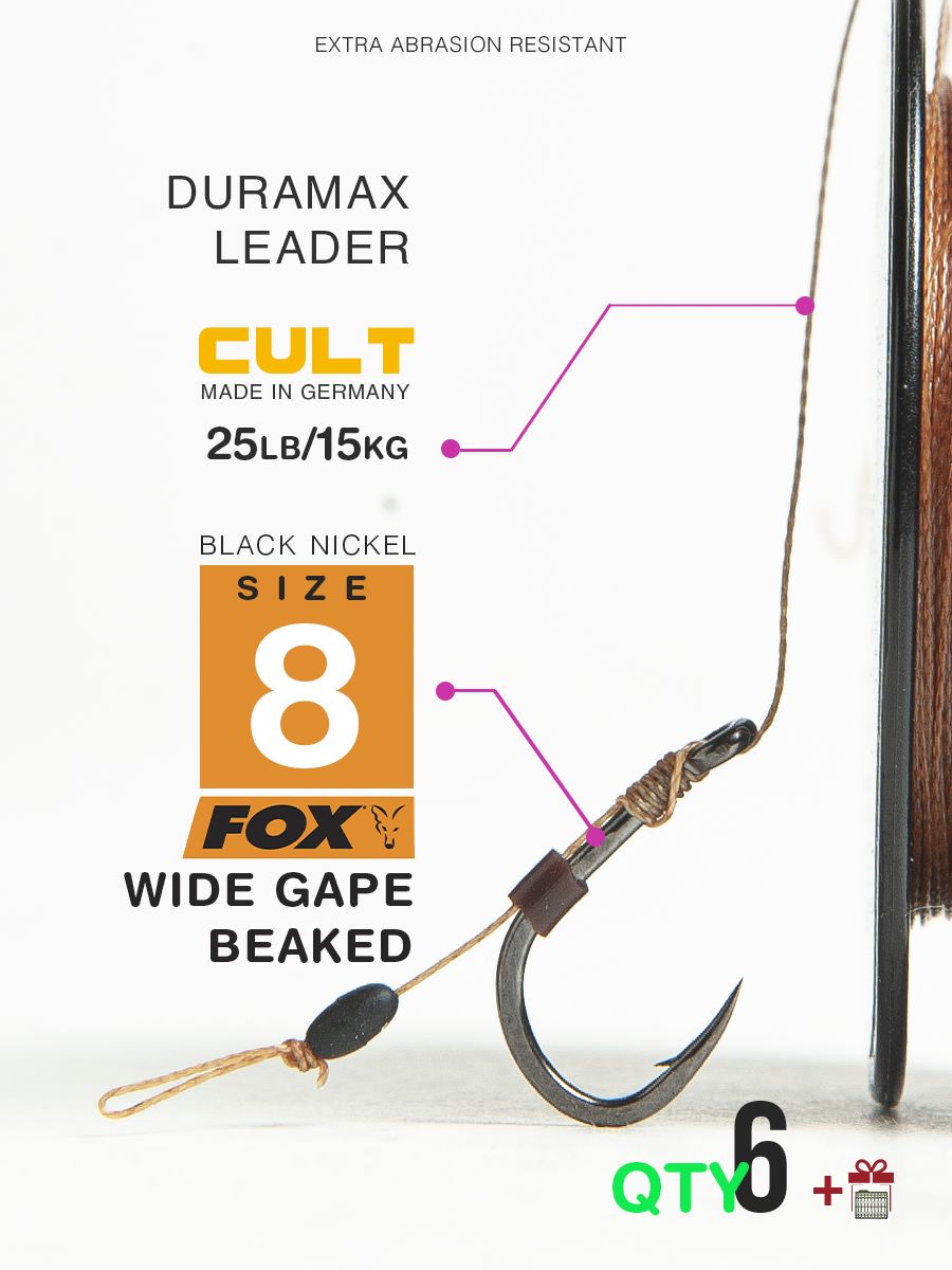 Готовые рыболовные поводки с крючком FOX Wide Gape Beaked №8, Climax CULT 0.18мм 25lb - 18см, в уп. 6шт