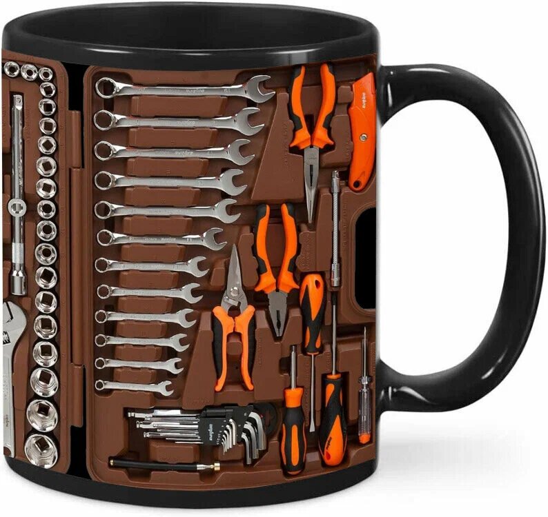 Керамическая кофейная кружка с дизайном «Toolbox Design» — 350 мл, черная ручка, идеальный подарок для любителей и мастеров на все руки, 8,2 x 9,5 см
