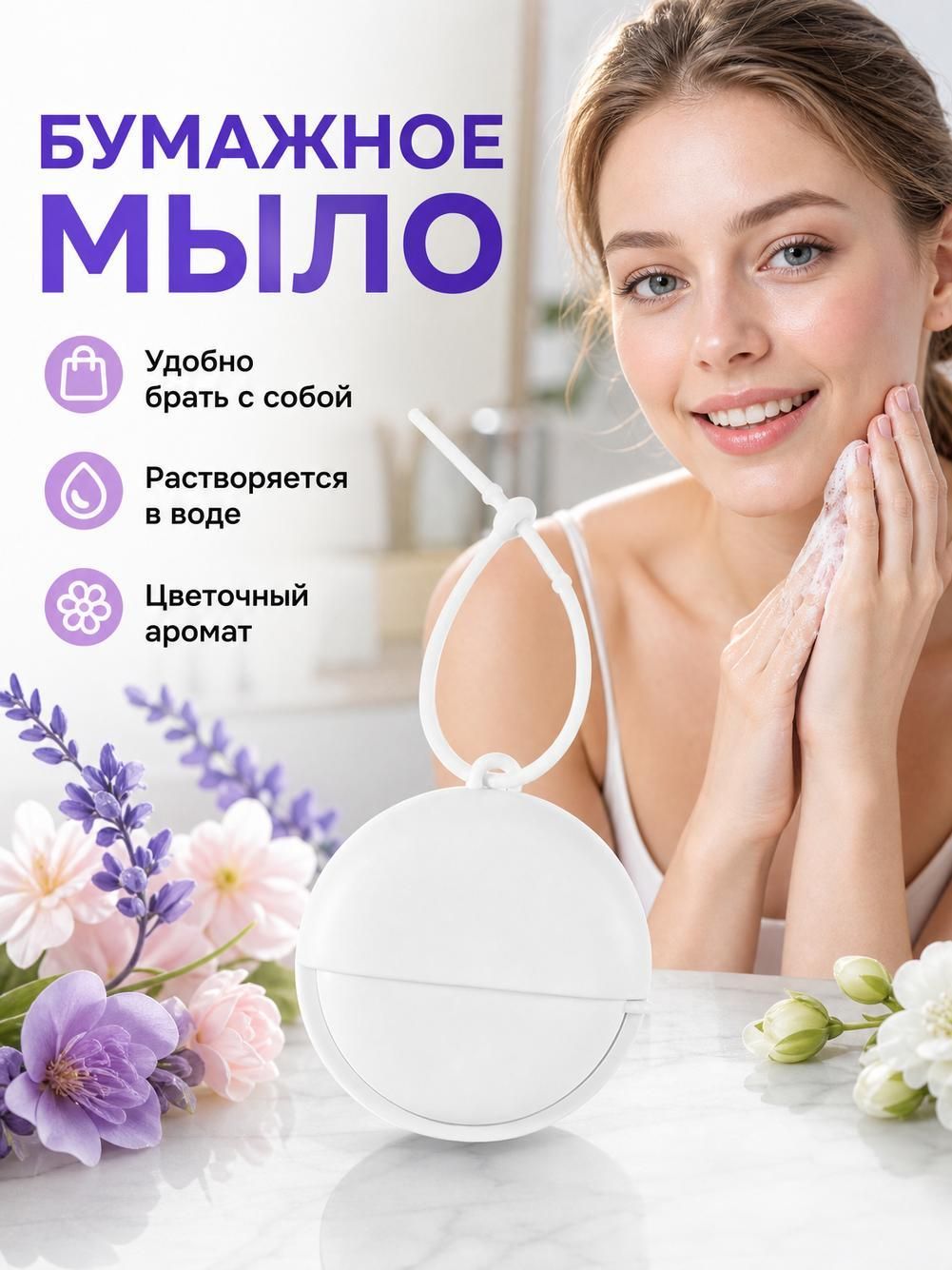 Дорожное бумажное мыло в пластинках для рук (50 шт), портативное одноразовое мини-мыло компактном футляре с шнурком путешествий, школы и кемпинга