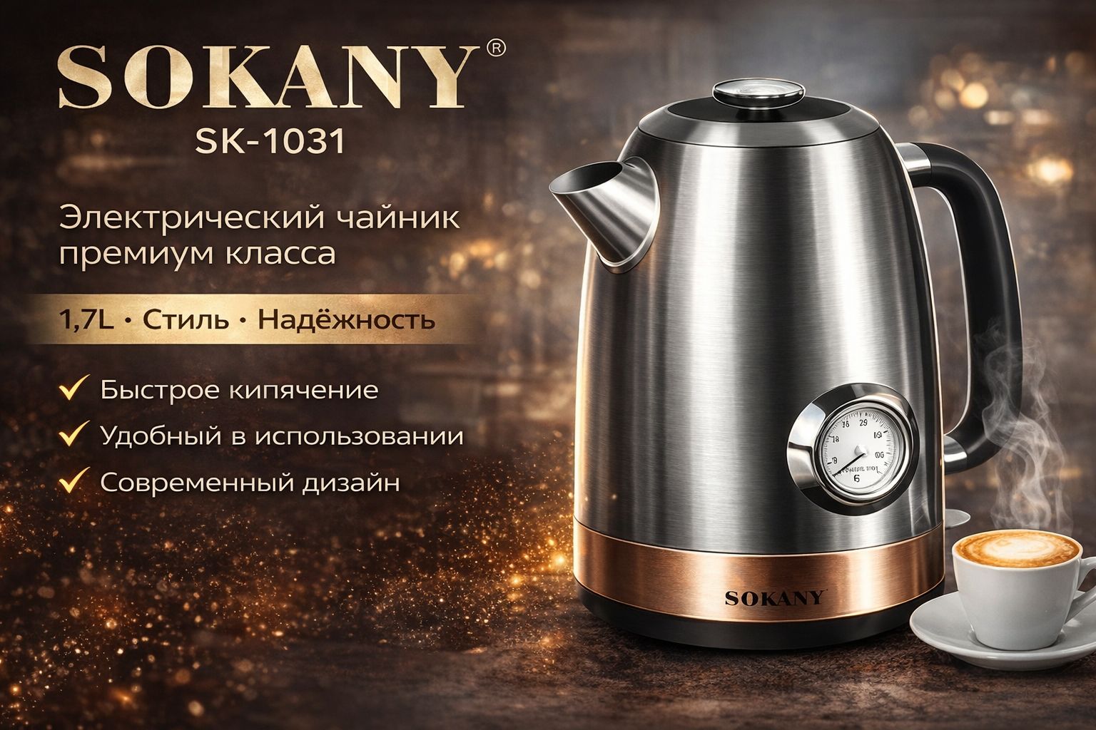 SOKANY Электрический чайник SK-1031, серебристый, бронза