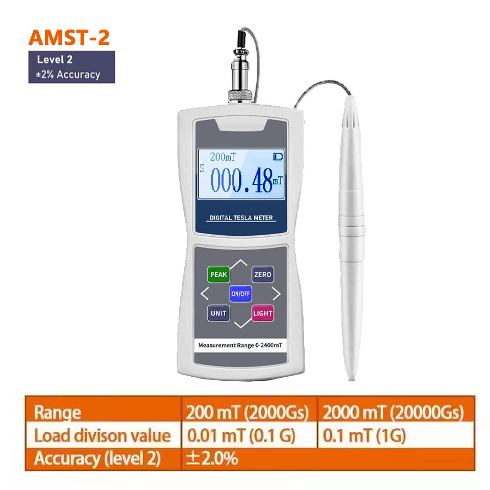 Цифровой тесламетр GOYOJO AMST-2, точность 2%, стандартный радиальный датчик Холла 200 мТл/2000 мТл, высокоточный тестер поверхностного магнитного поля