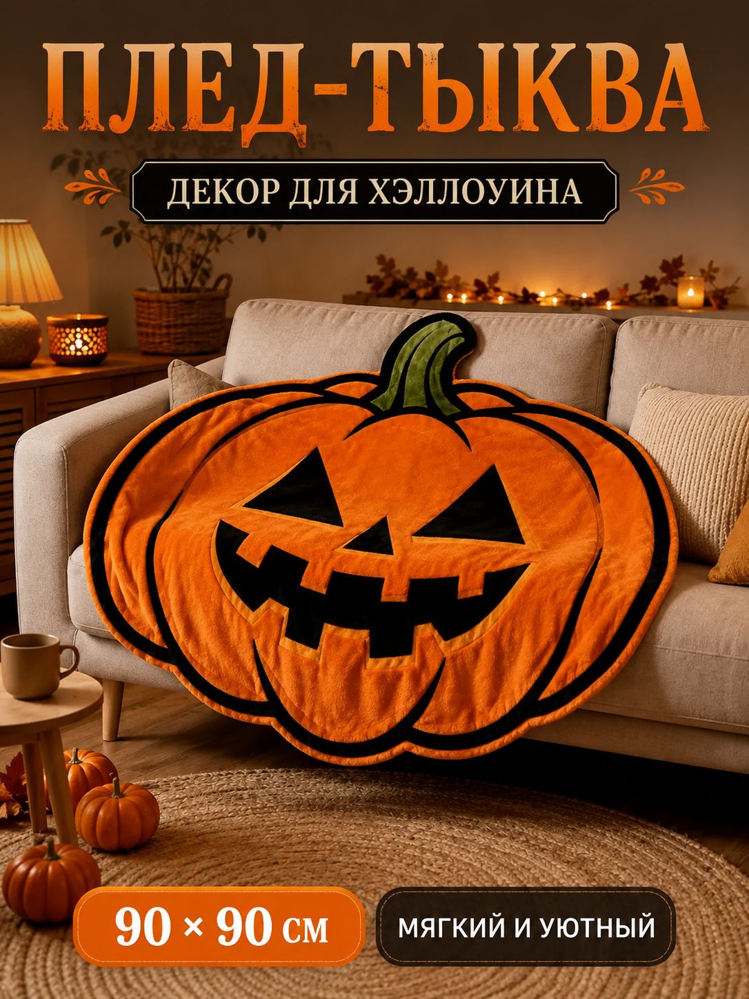 Плед‑тыква для Хэллоуина 90×90 см, мягкий флис, декор на праздник