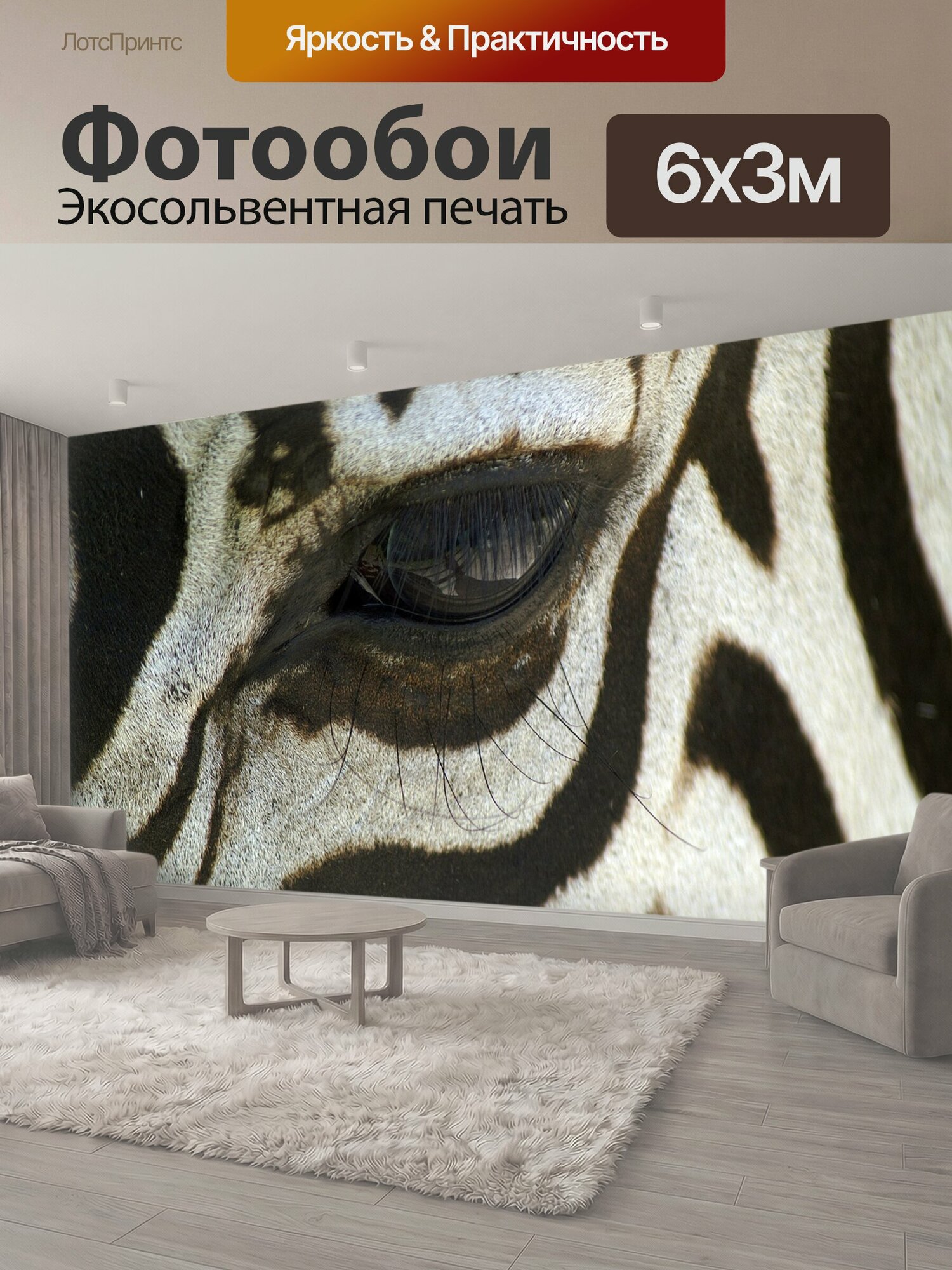 Фотообои "Зебра, глаз, ресницы" 600x300 см. экосольвентная печать