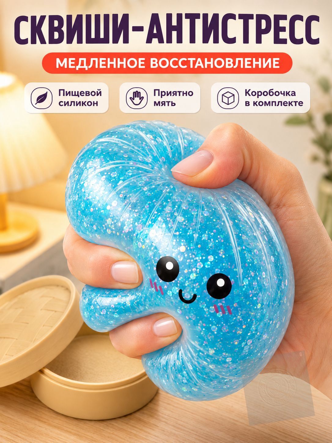 Сквиши-антистресс Блестящий пельмешек , звёздно-голубой, игрушка-мялка из пищевого силикона, с коробочкой
