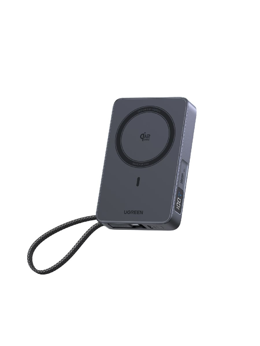 UGREEN PB773 MagFlow 10000 mah Внешний аккумулятор, серый космос, со встроенным кабелем, 85956B