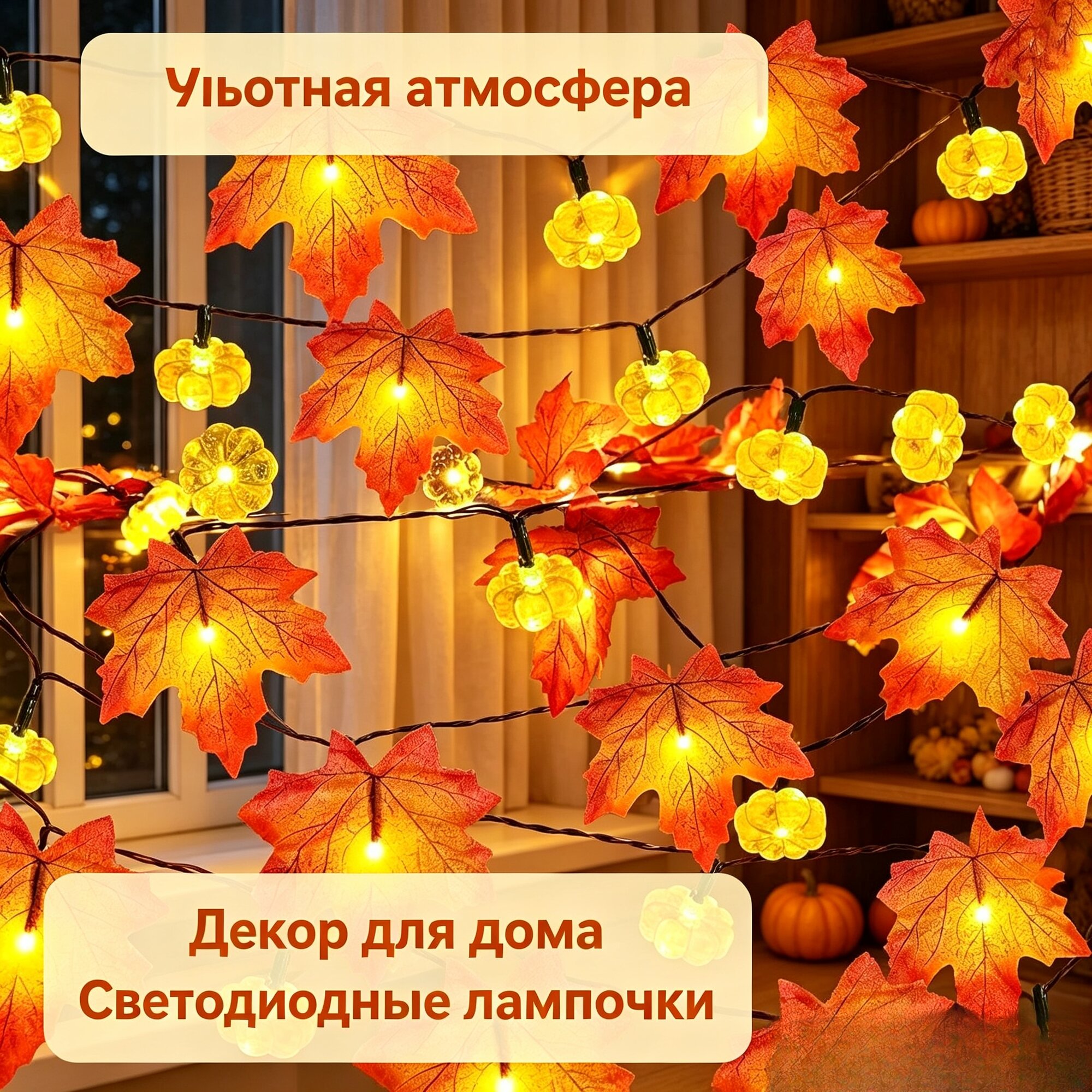 Светодиодная гирлянда листья‑тыква, атмосферное украшение на осенние праздники и Хэллоуин