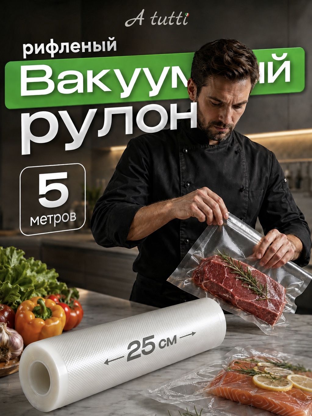 Пакеты для вакууматора 25х500 см. Рулон рифленый A tutti