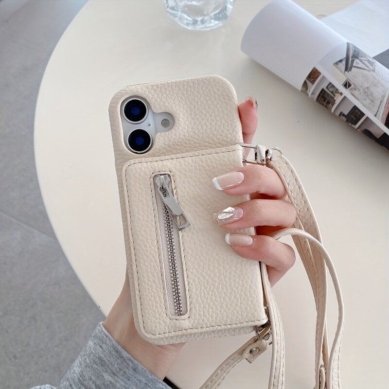 Стильный чехол-кошелек для iPhone 16 с зеркалом, ремешком через плечо и отделением для карт, бежевый, с узором личи