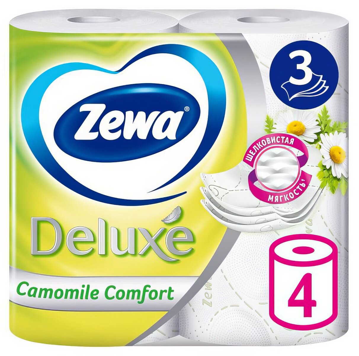 Бумага туалетная ZEWA Deluxe 4шт в уп. 3-слойные 145 листов аромат ромашка