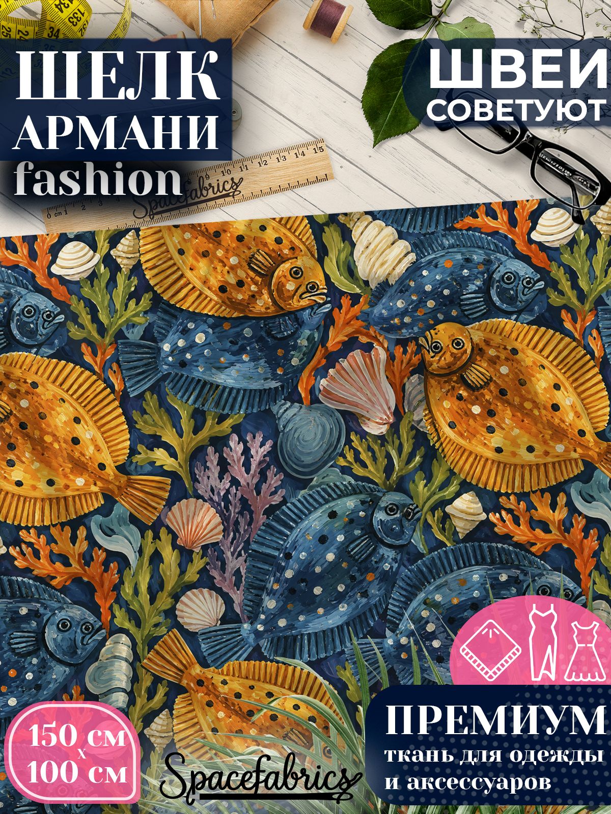 Ткань для шитья шелк Армани, искусственный шелк для костюмов, платьев, юбок с принтом Морские рыбы