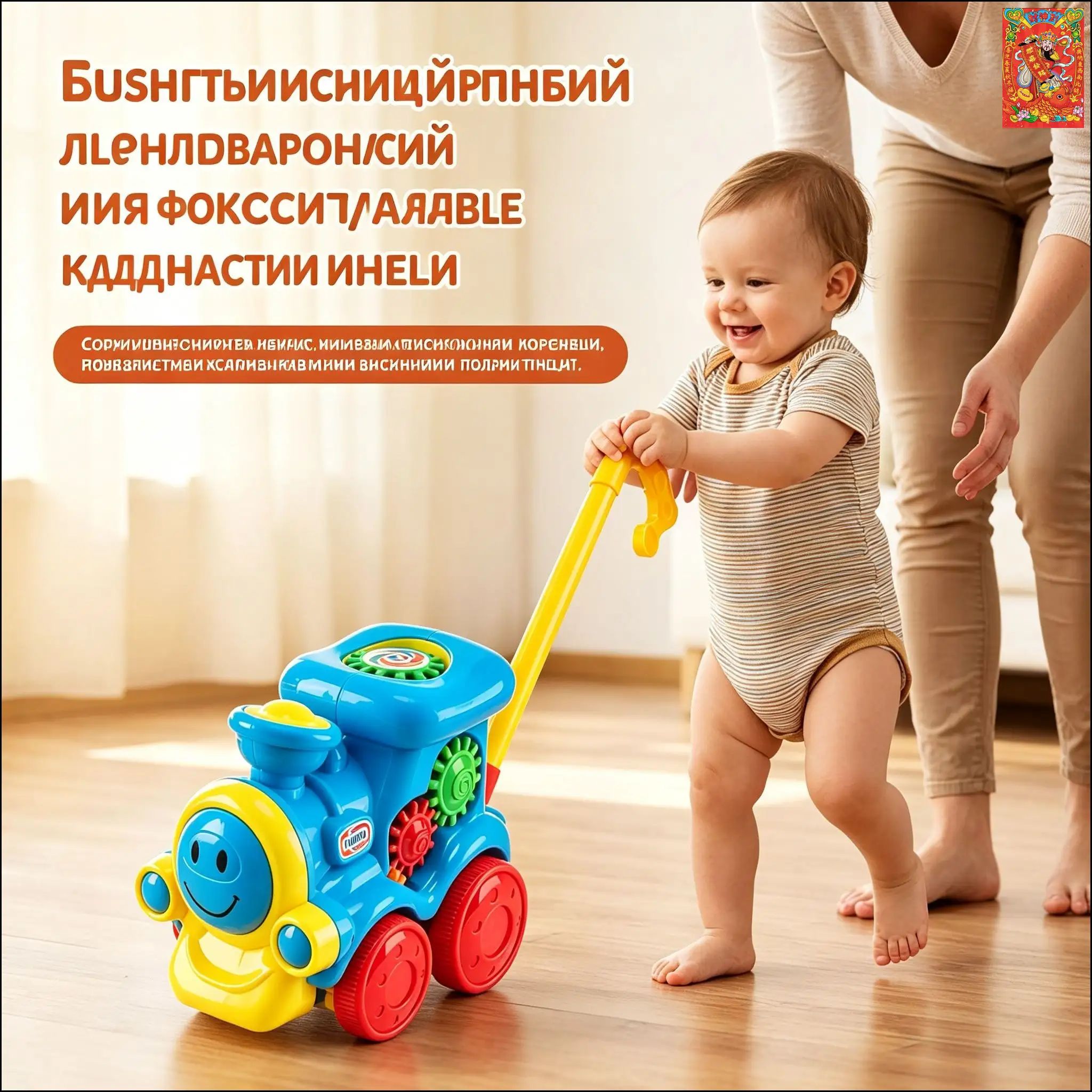 Детская каталка-паровоз на палочке музыкальная с эффектом звука для развития моторики