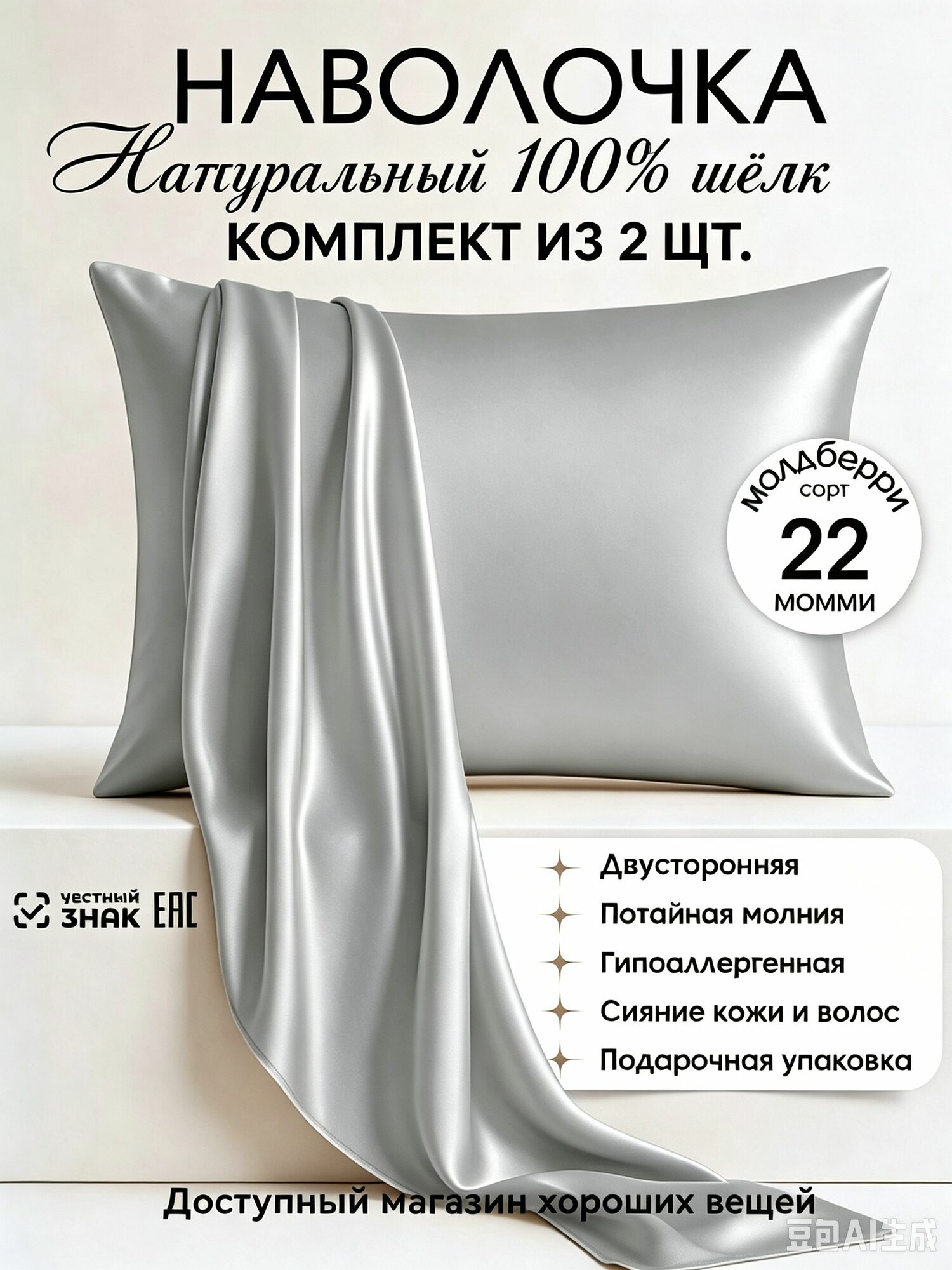 Наволочка 50x70 см 2 шт, светло-серый