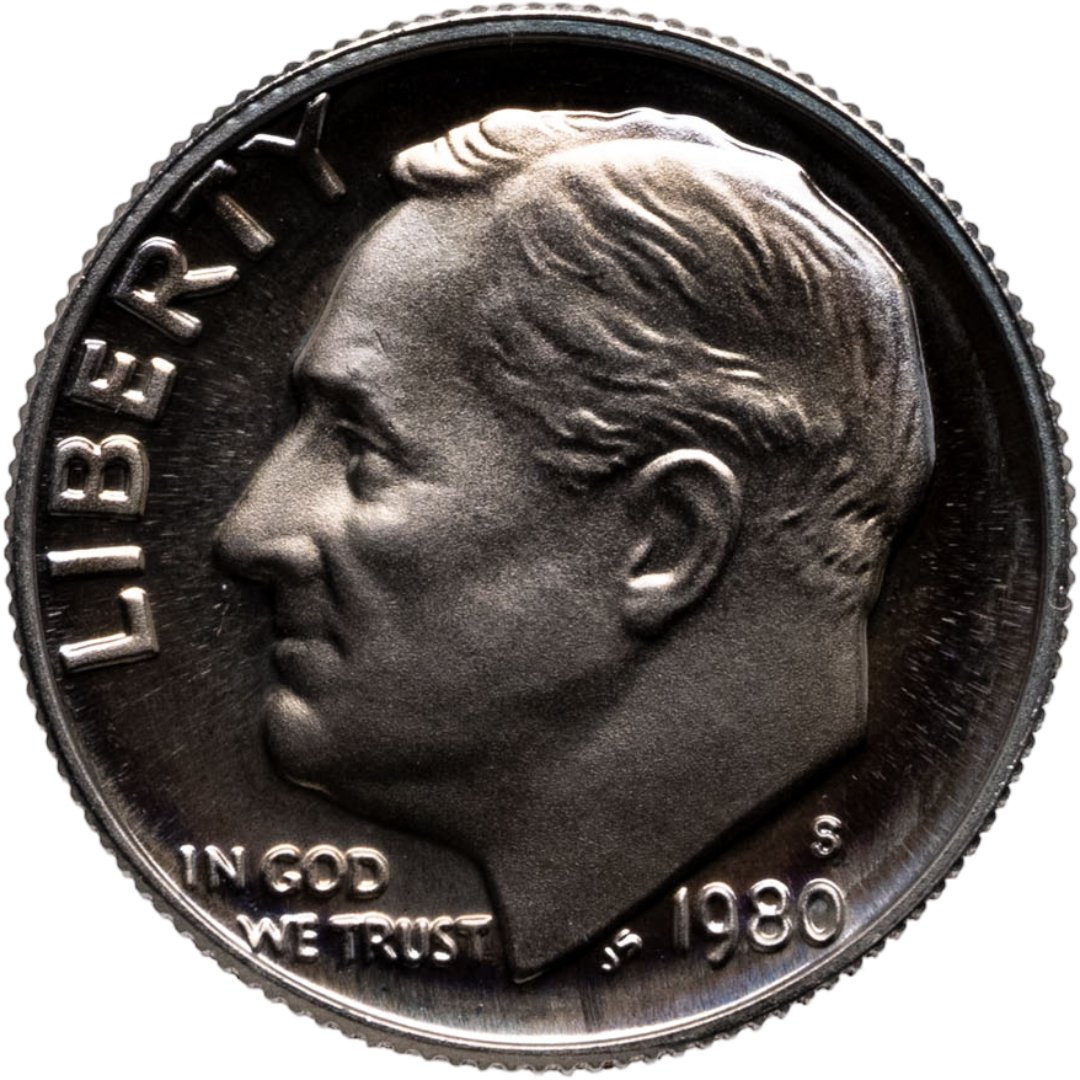 США 10 центов дайм, one dime 1980 Proof Roosevelt Dime Рузвельт знак монетного двора "S" - Сан-Франциско, Медь
