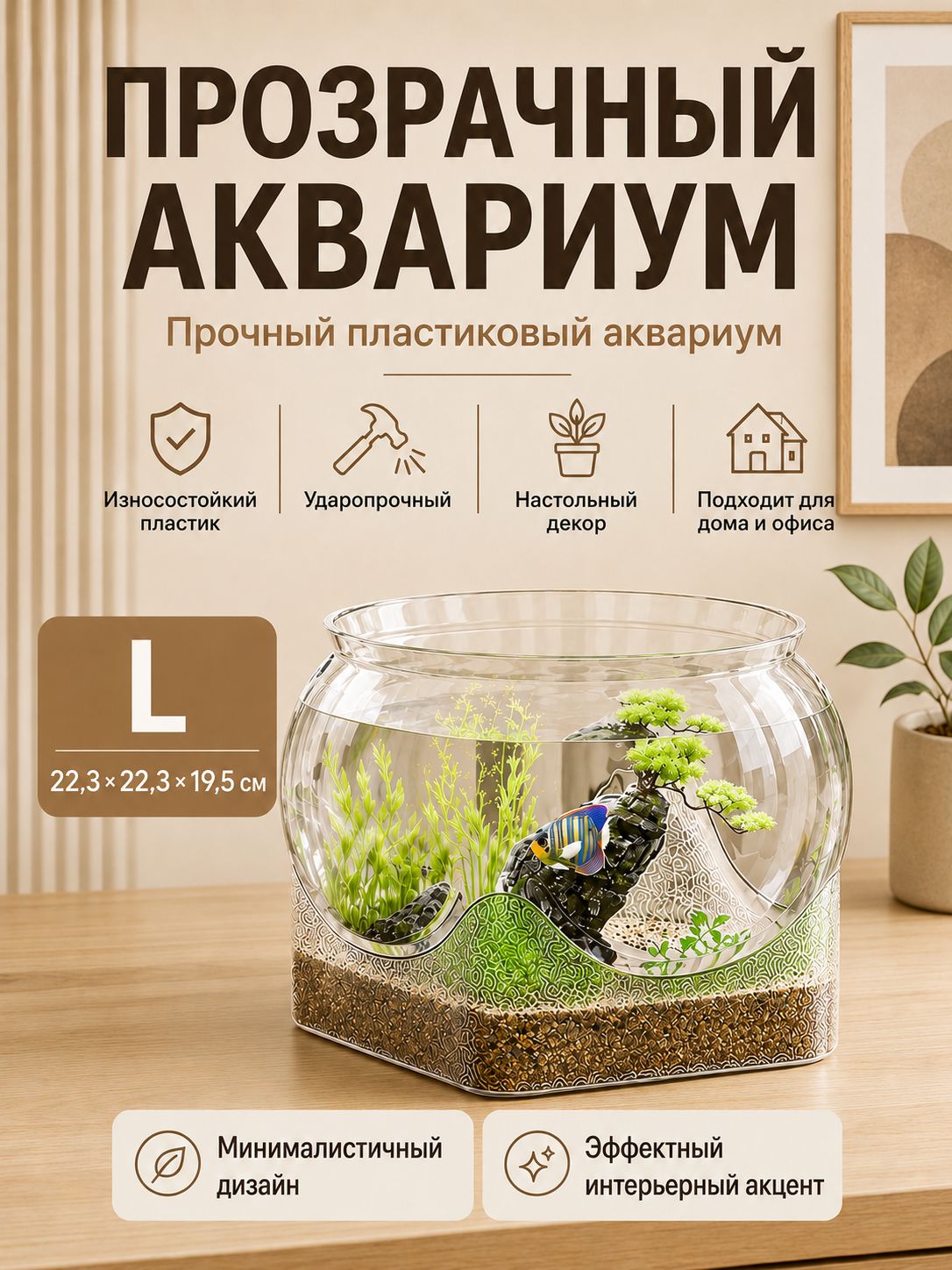 Аквариум прозрачный пластиковый настольный для рыб, декоративный аквариум для дома, 22,3 22,3 19,5 см