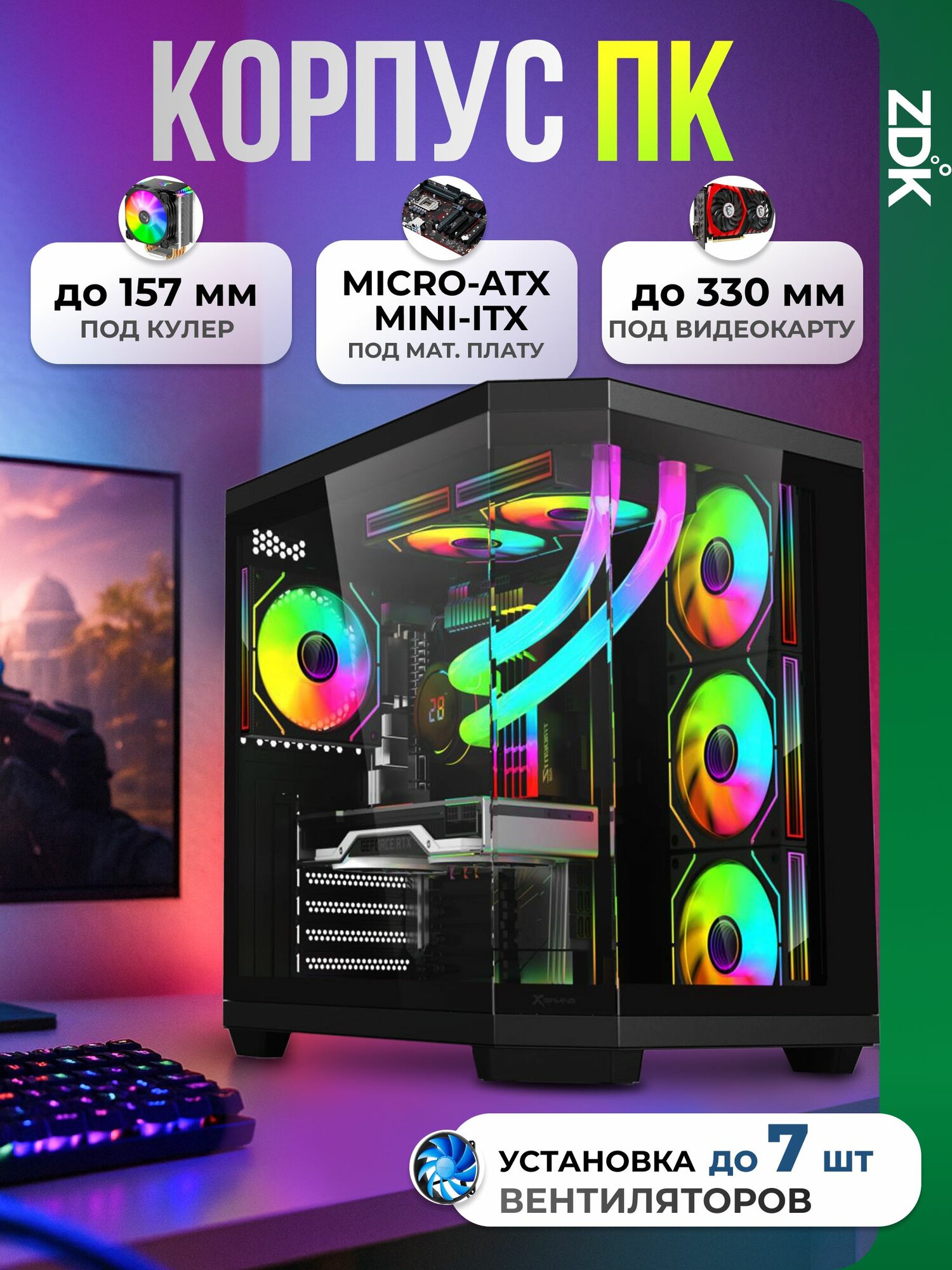 Корпус для пк atx компьютерный игровой системный блок ZDK LC-MXJ-MINI-B, корпус Mini-Tower, видеокарта до 330 мм, установка до 7 вентиляторов, СВО 240 мм, цвет черный