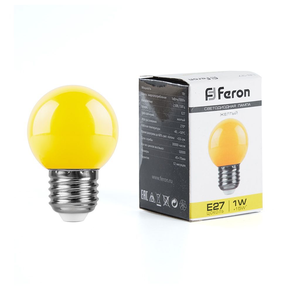 Лампа светодиодная Е27 мощность 1W цвет Желтый Feron LB-37 25879 Упаковка 1 штука