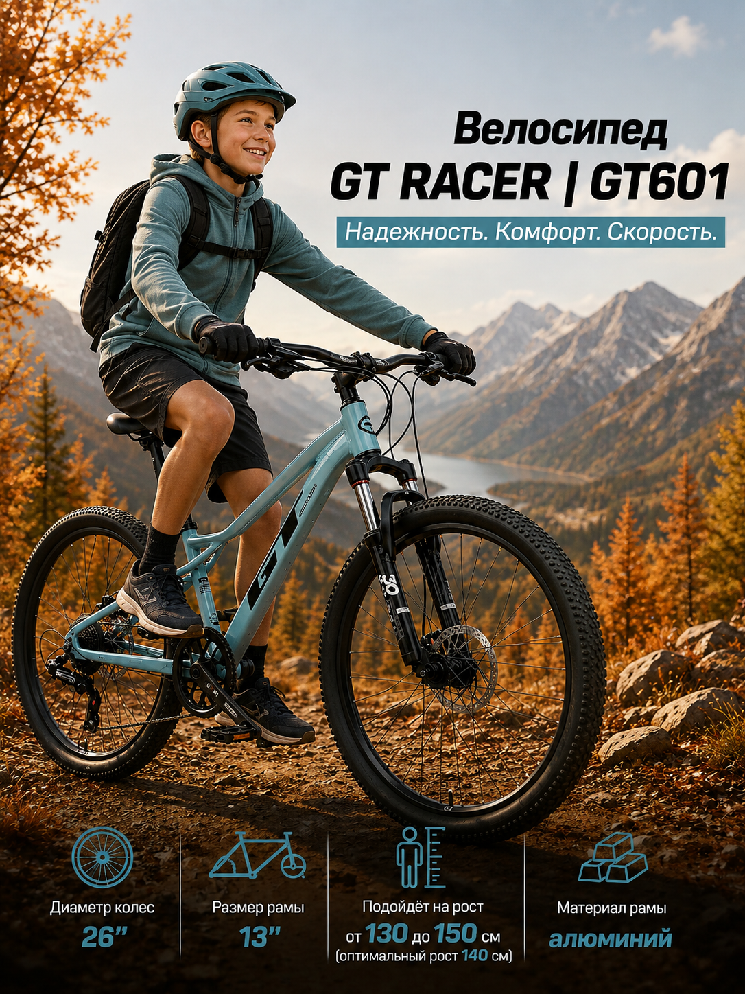 Подростковый горный велосипед BREND GT RACER ORIGINAL GT601, диаметр колес 26", рама алюминий, синий