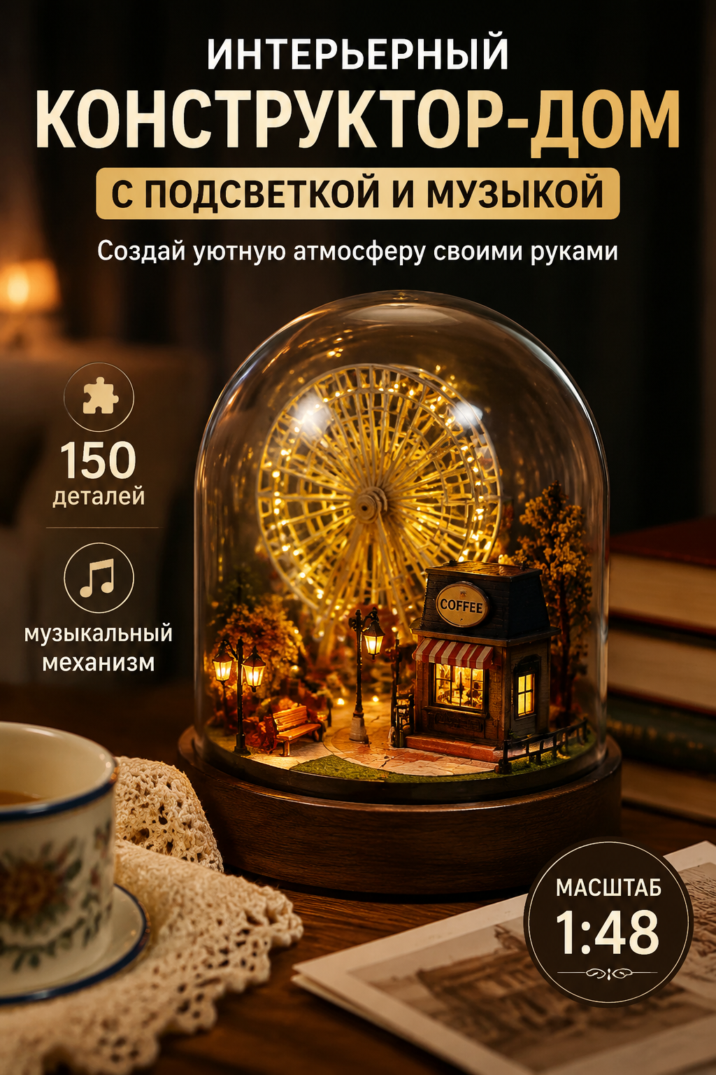Интерьерный конструктор-дом с подсветкой и музыкой, 150 деталей, масштаб 1:48