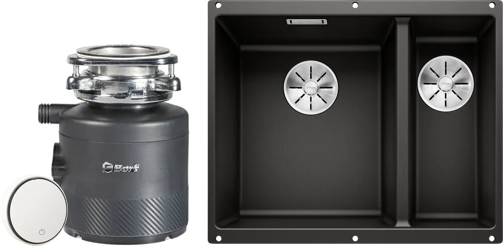 Комплект Мойка Blanco Subline 340/160-U 525985 55x46, черная, искусственный гранит / Измельчитель Bort Alligator X электрический, нержавеющая сталь