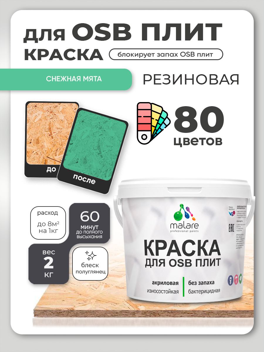 Резиновая краска для ОСБ плит Malare акриловая краска для дерева для наружных и внутренних работ, быстросохнущая без запаха полуглянцевая, снежная мята, 2 кг