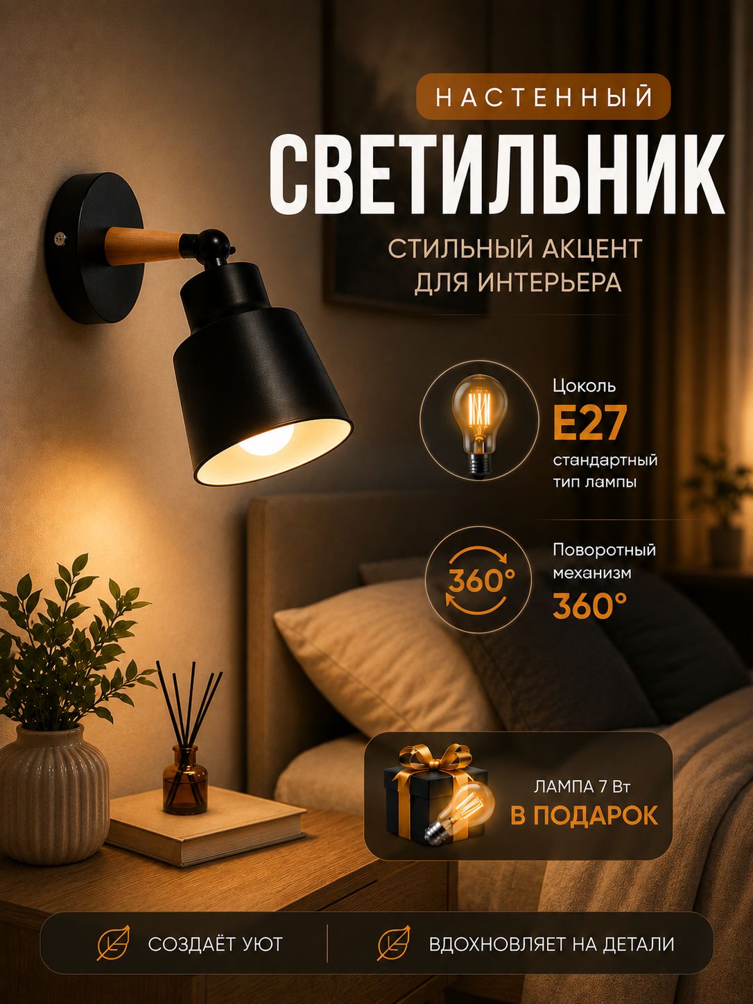 Черный настенный бра-светильник