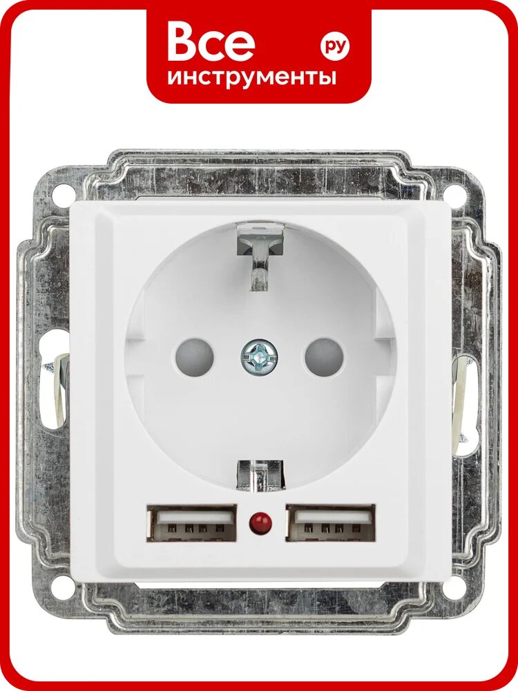 Розетка Intro Accent 641001 PE Schuko со шторками, 16А, 250В, 2хUSB, IP20, СУ, белый Б0063689