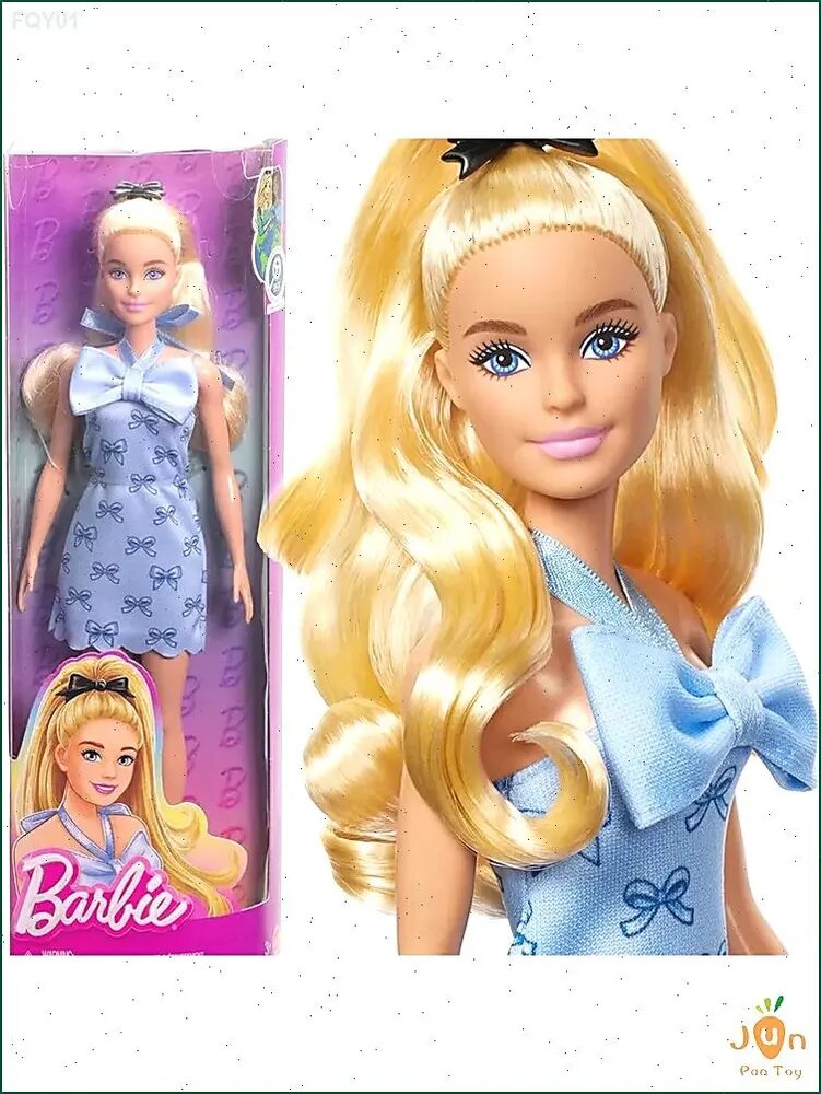 Mattel Fashionistas Doll #237 HYT93 / Модная кукла Барби в платье с принтом голубых бантиков - отличный подарок для коллекции.