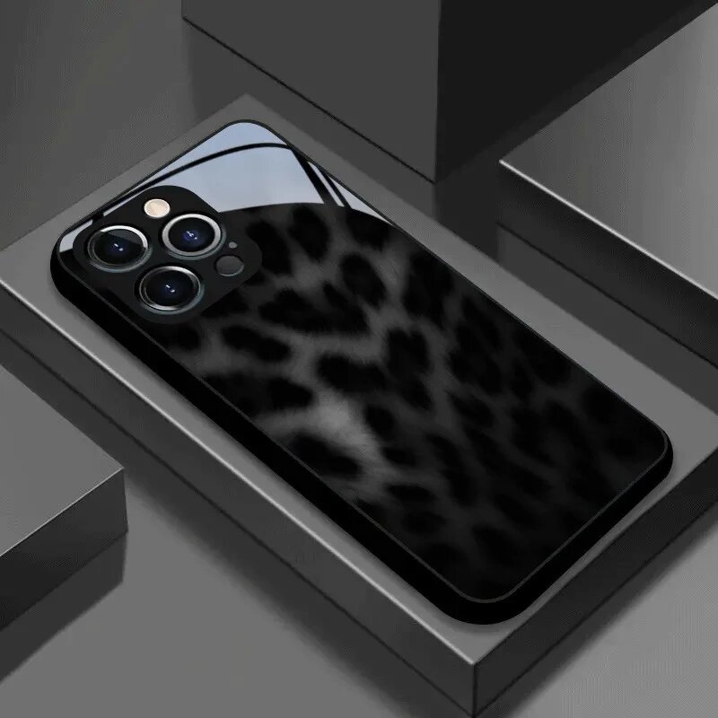Черно-серый чехол из закаленного стекла с леопардовым принтом для iPhone 11 12 13 Айфон 16 Про Макс