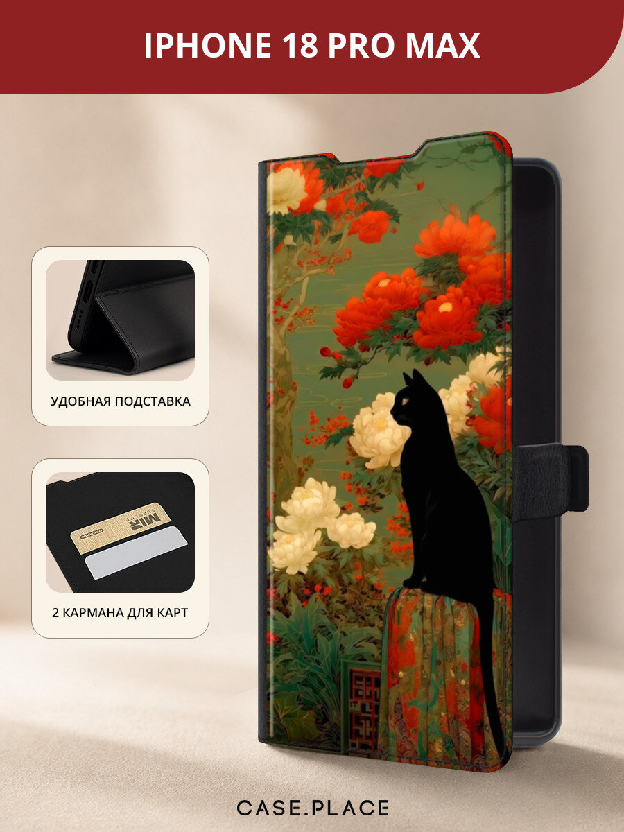 Чехол-книжка на iPhone 18 Pro Max / Айфон 18 Про Макс с принтом Black cat 2, черный