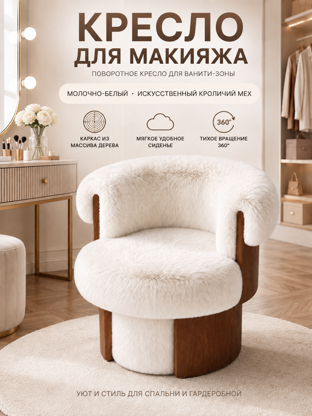 Кресло для макияжа поворотное 360°, мягкое сиденье, каркас из массива дерева, для ванити-зоны